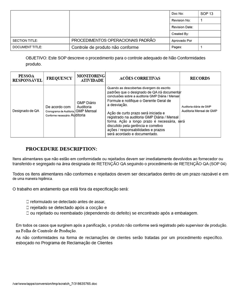 SOP Controle de Produto Não Conformante | PDF
