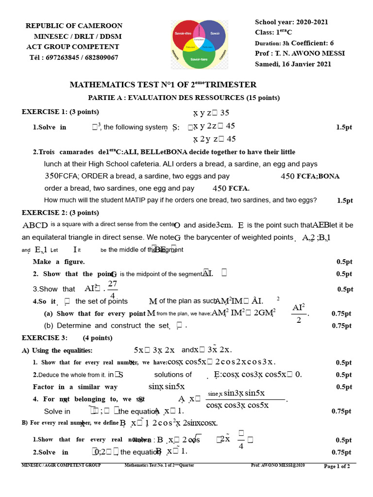 Mathematics Test #1 of The 2ND Term - Class 1ère C - 2021 Cameroon ...