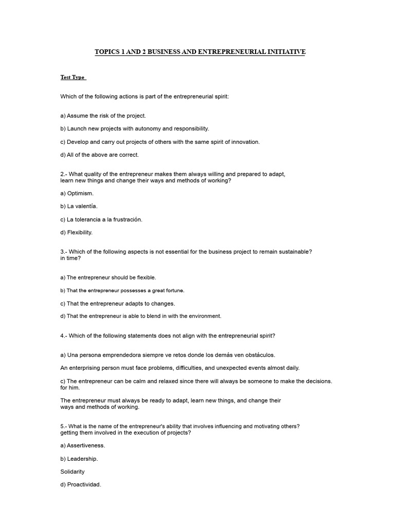 Test TOPICS 1 AND 2 COMPANY AND ENTREPRENEURIAL INITIATIVE | PDF ...