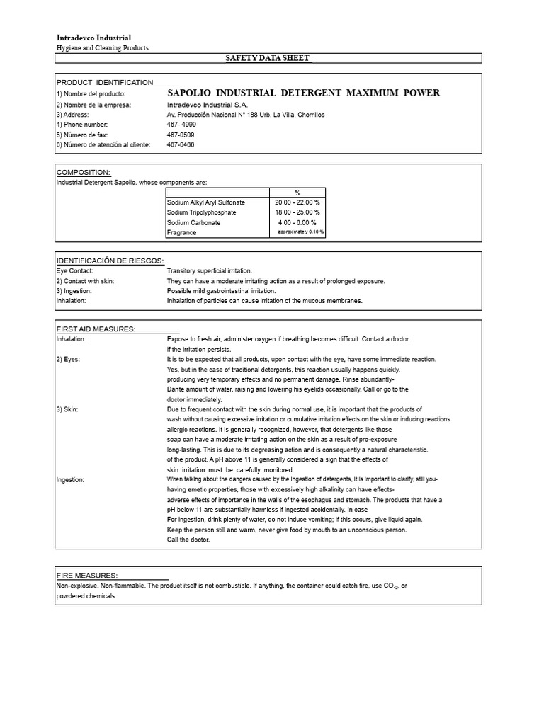 MSDS Sapolio Detergent (1-1-1) | PDF | Vomiting | Detergent