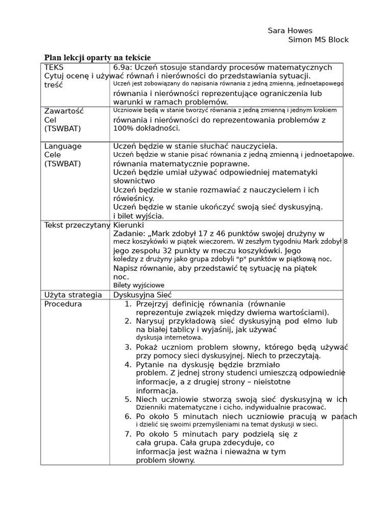 Lekcja Oparta Na Tekście | PDF