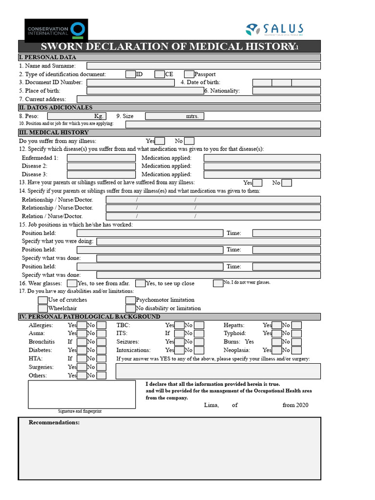 Medical History Sworn Declaration Form | PDF