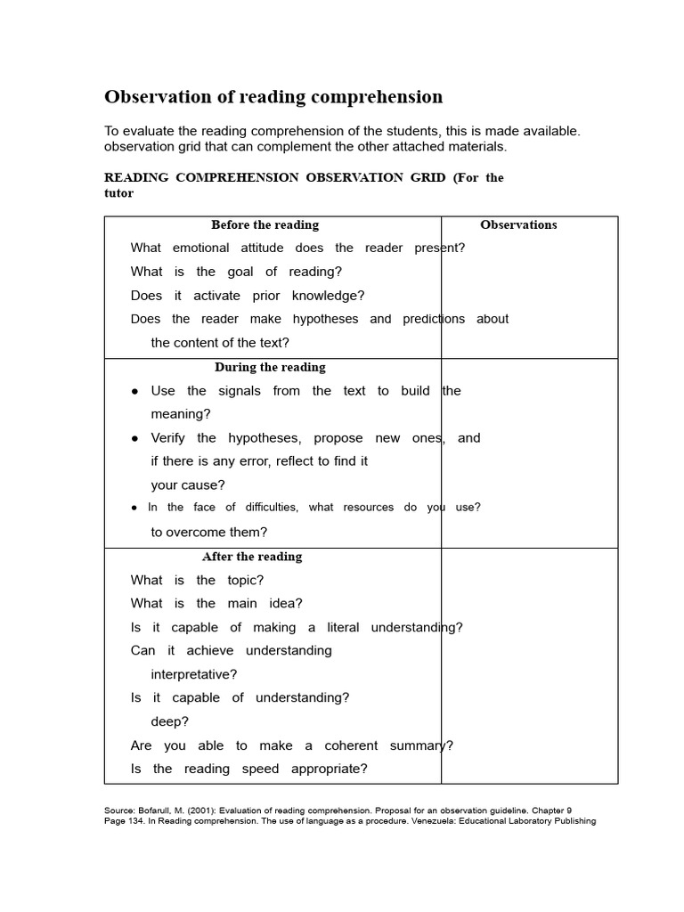 Reading Comprehension Observation Grid PDF | PDF | Reading ...