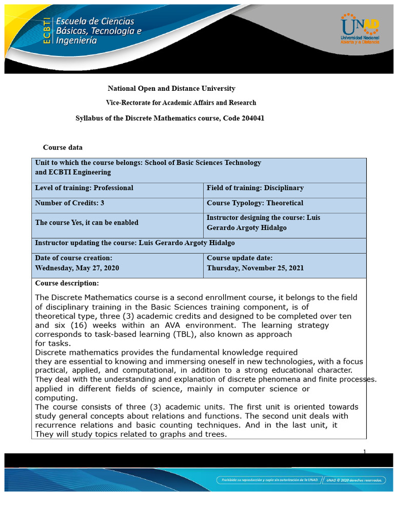Syllabus of the Discrete Mathematics Course | PDF | Discrete ...