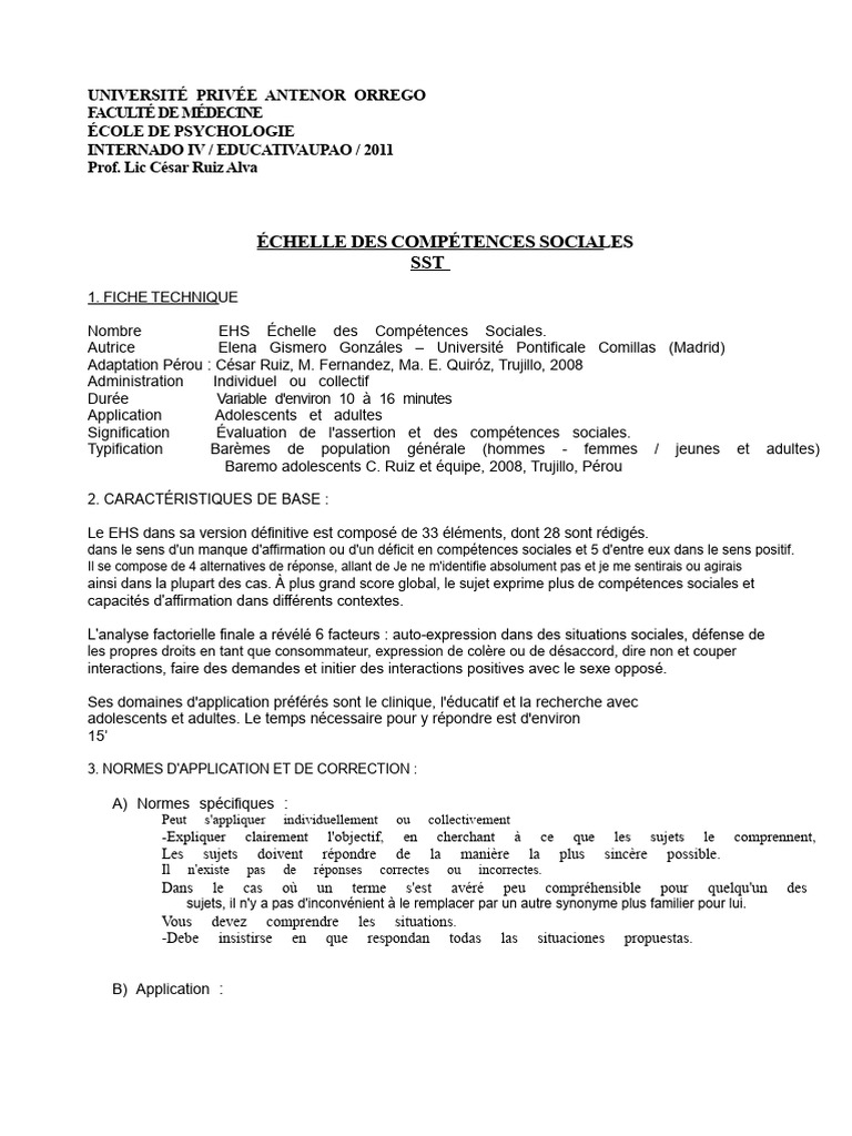 Échelle des Compétences Sociales EHS | PDF
