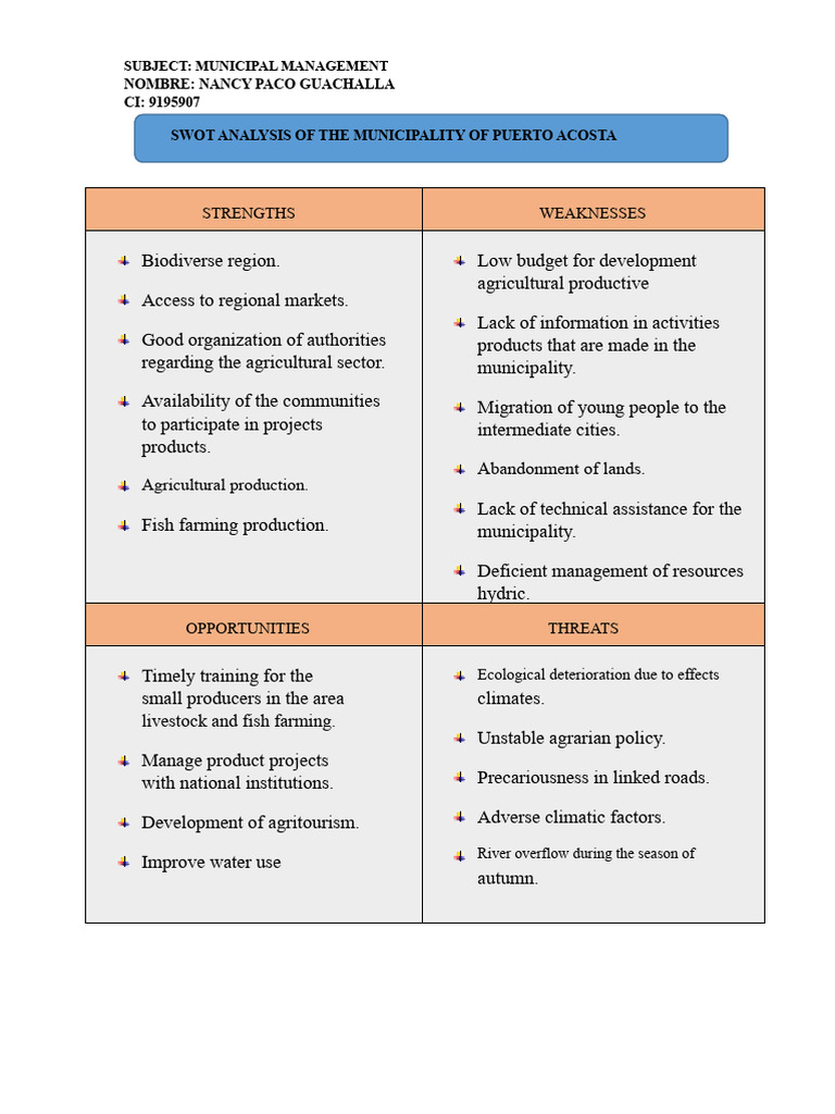 Swot Analysis of The Municipality of Puerto Acosta | PDF