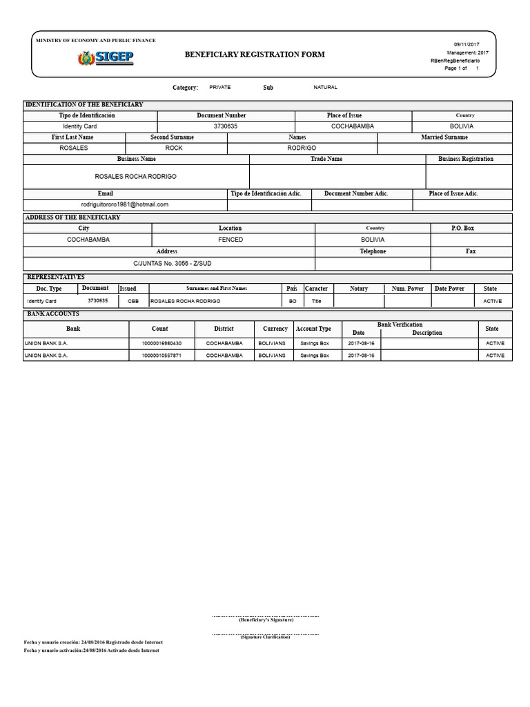 Beneficiary Registration Form Bolivia | PDF | Document | Government And ...