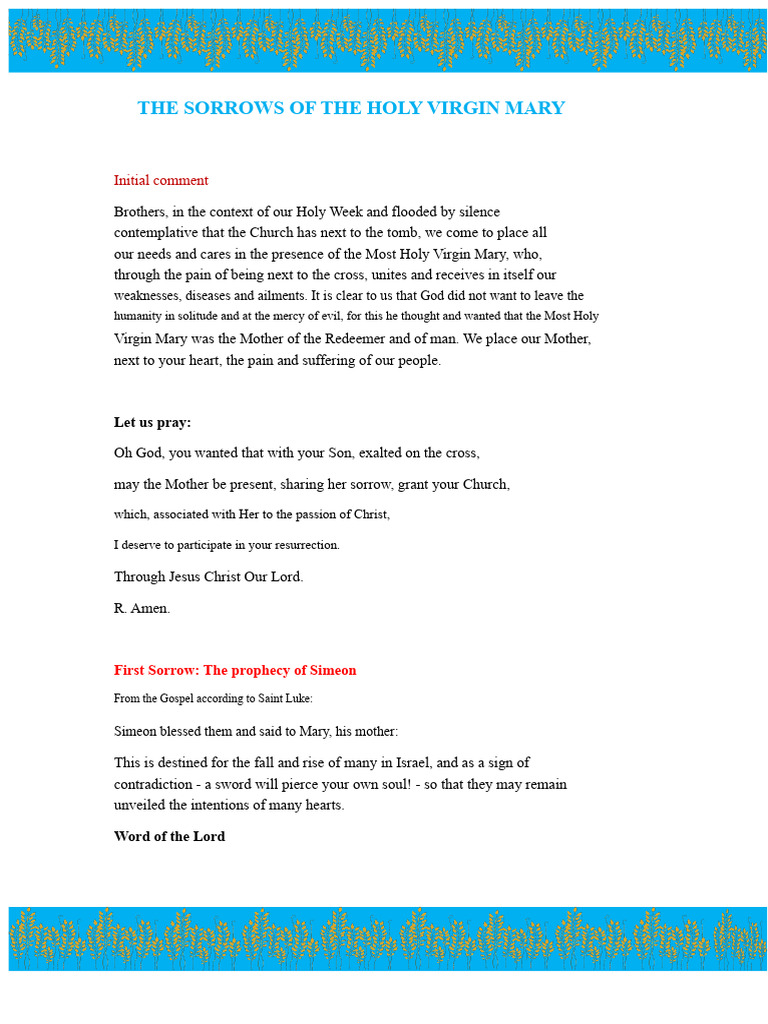 Sorrows of the Virgin Mary Explained | PDF | Jesus | Mary, Mother Of Jesus