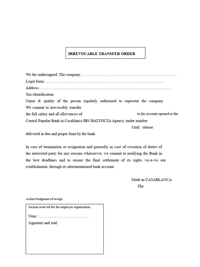 Irrevocable Transfer Order 7851 | PDF