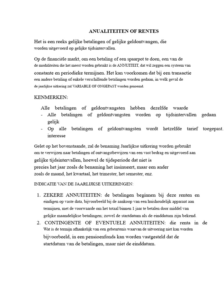 Jaarlijkse Betalingen of Renditen - Concept en Classificatie | PDF