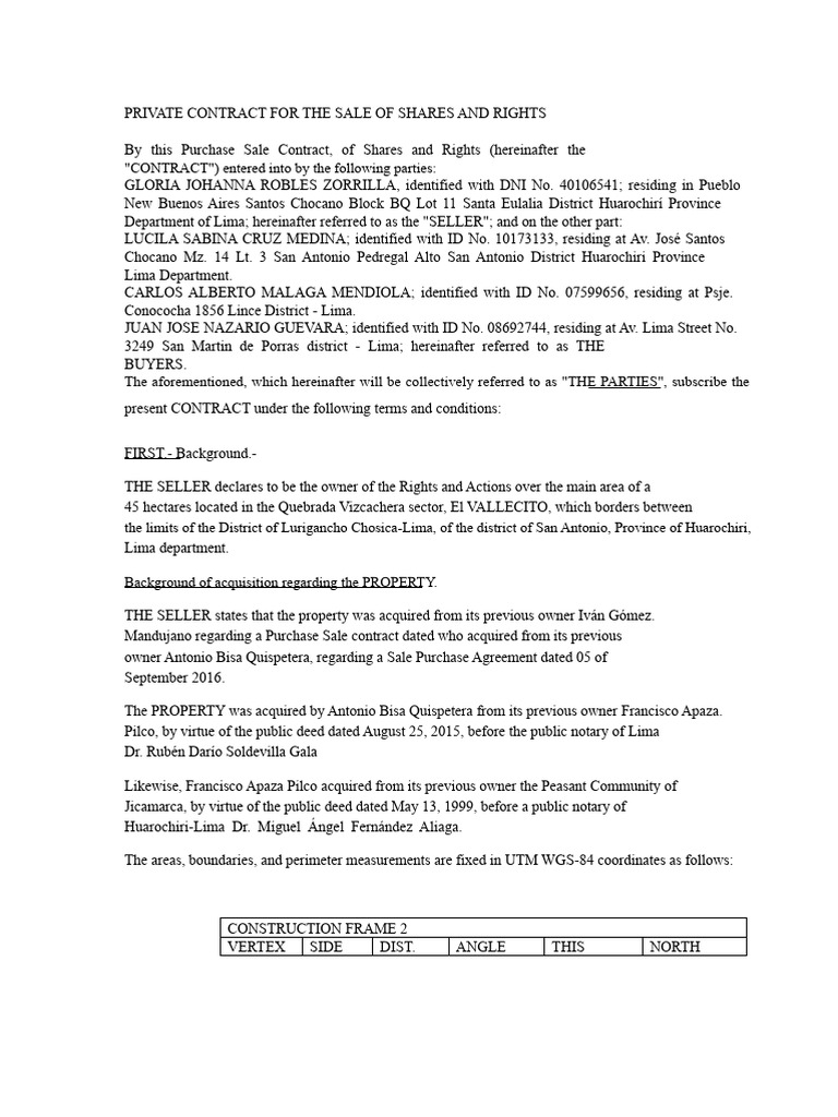 Private Contract For The Purchase and Sale of Shares and Rights | PDF ...
