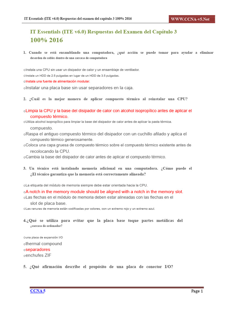 IT Essentials ITE v6.0 Capítulo 3 Respuestas Del Examen 100 2016 | PDF ...