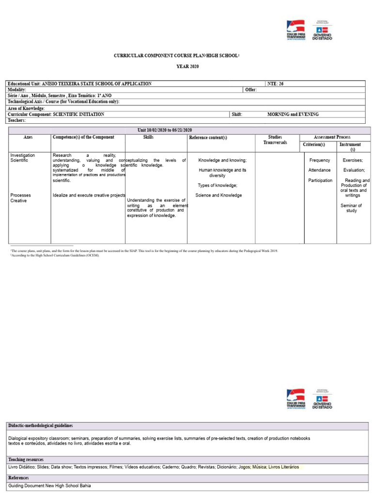 High School Scientific Initiation Plan | PDF | Knowledge | Curriculum