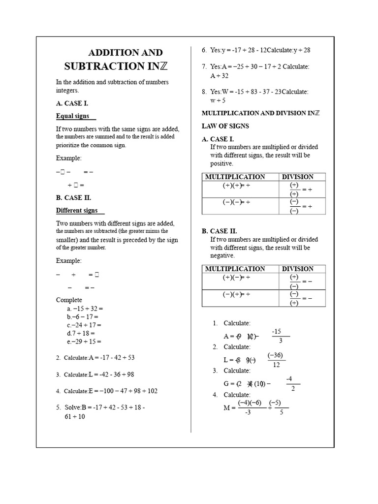 Addition and Subtraction in Z Algebra 5th | PDF | Subtraction ...