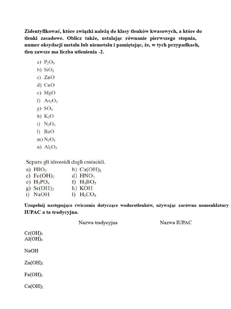 2) HYDROXIDES, OXYACIDS, ACIDIC HYDRIDES Ćwiczenia | PDF