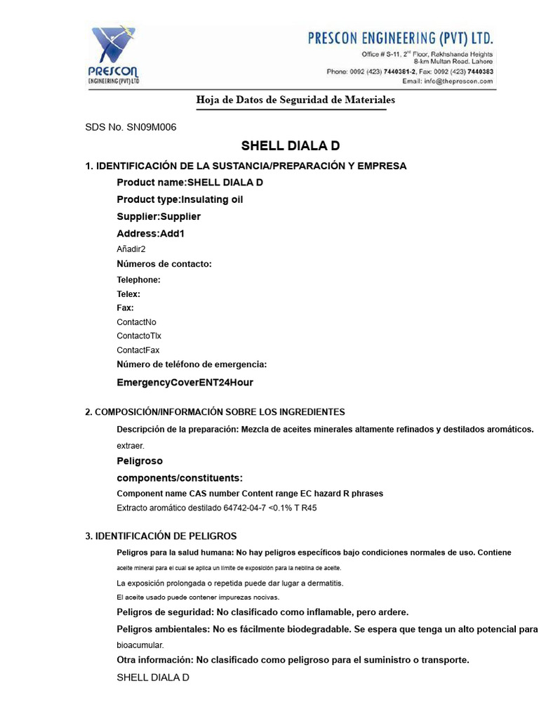 Hoja de Seguridad SHELL DIALA D | PDF | Reciclaje | Destilación