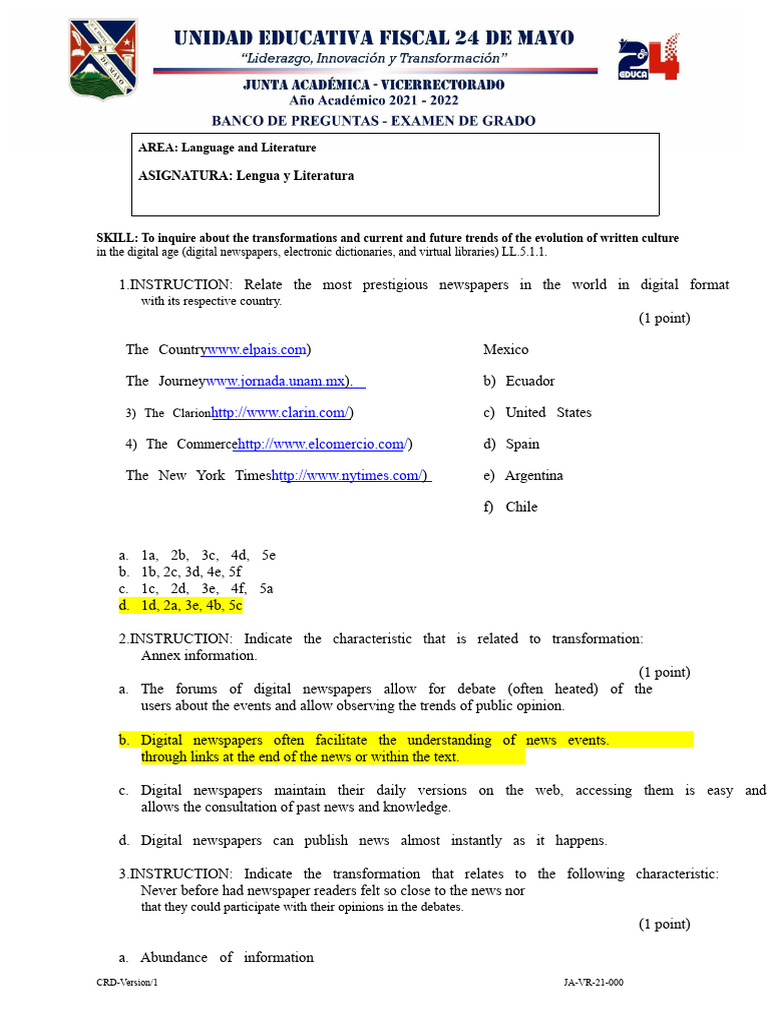 120 JA-VR-21-000 QUESTION AND ANSWER BANK GRADUATION EXAM-LANGUAGE AND LITERATURE (2) | PDF ...