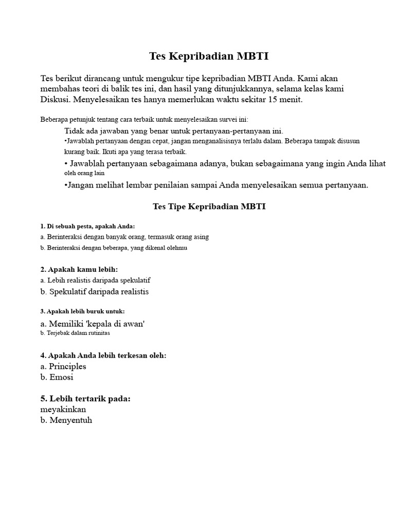 Tes Kepribadian MBTI: Temukan Tipe Anda | PDF