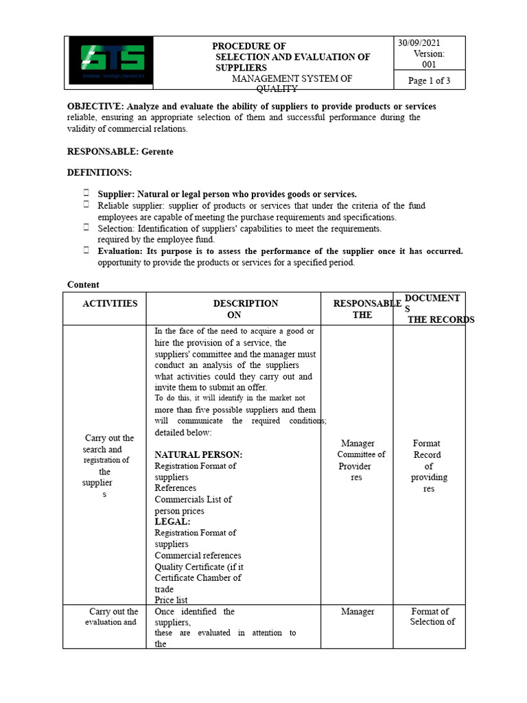 Supplier Selection and Evaluation Procedure | PDF | Evaluation | Business