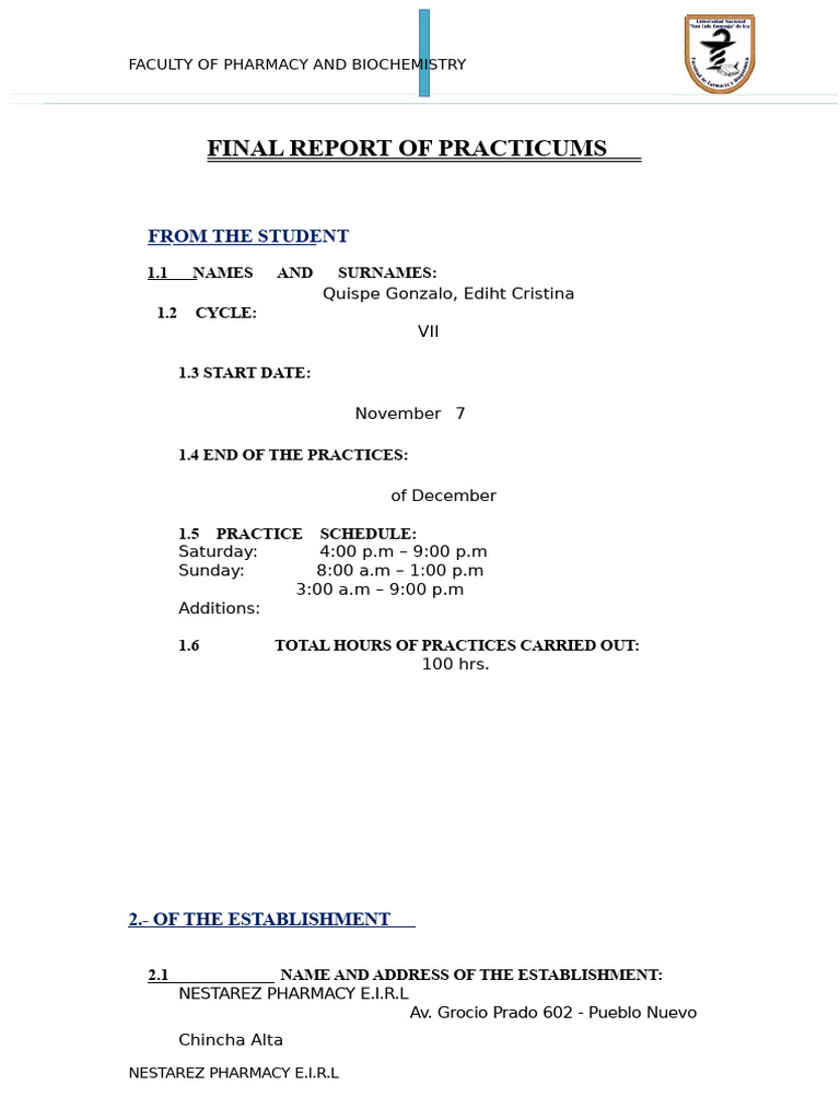 Practicum Report at Nestárez Pharmacy | PDF | Pharmacy | Drugs