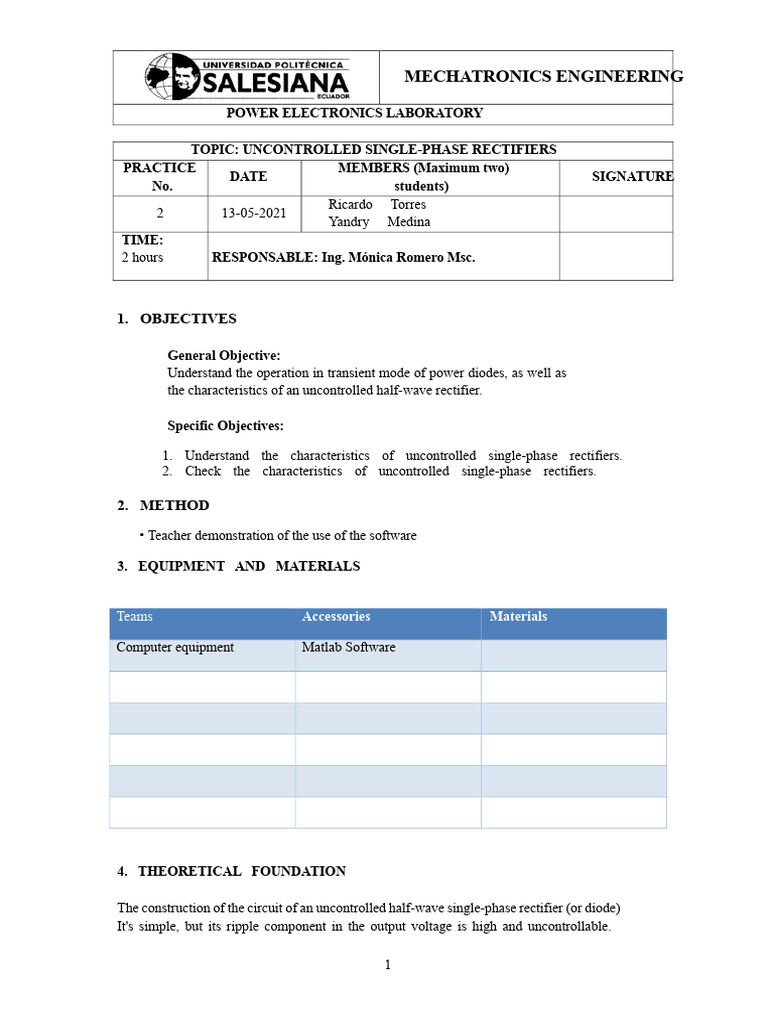 Laboratory 2 UNCONTROLLED HALF-WAVE RECTIFIER | PDF | Rectifier | Power Electronics