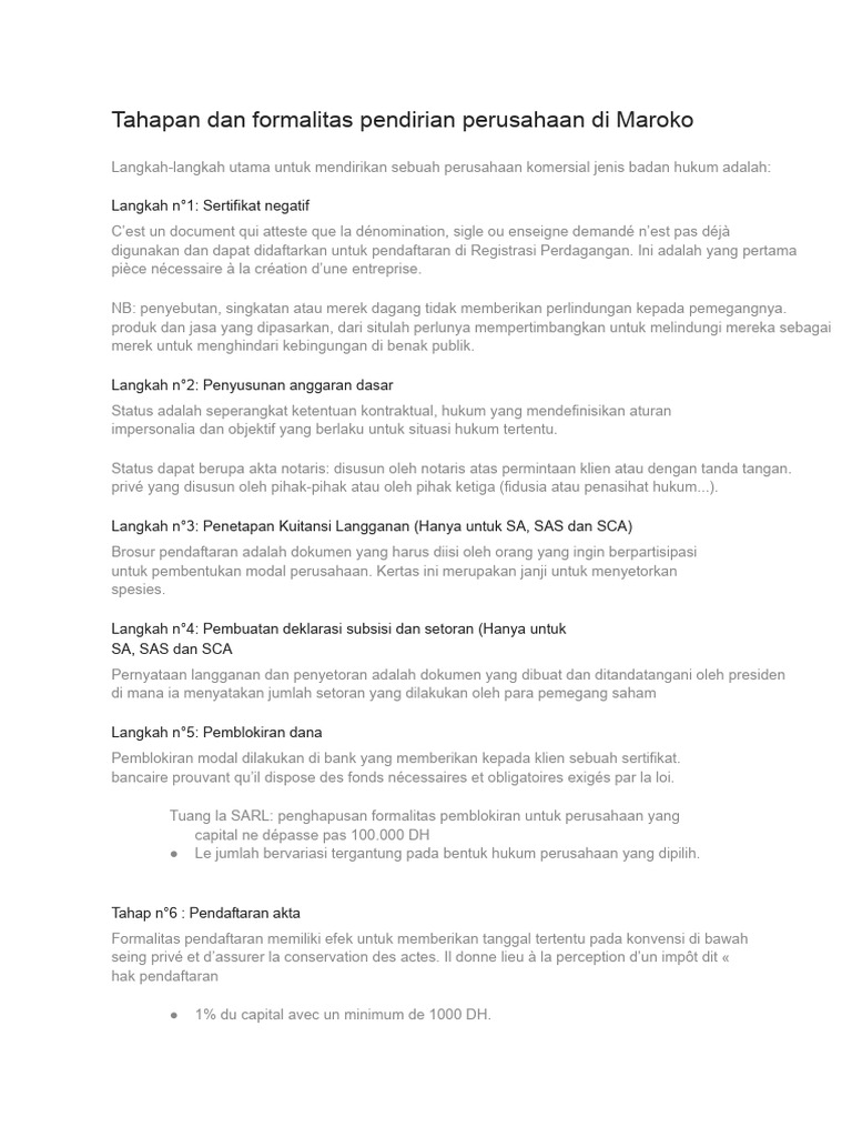 Langkah-langkah dan formalitas pendirian perusahaan di Maroko | PDF