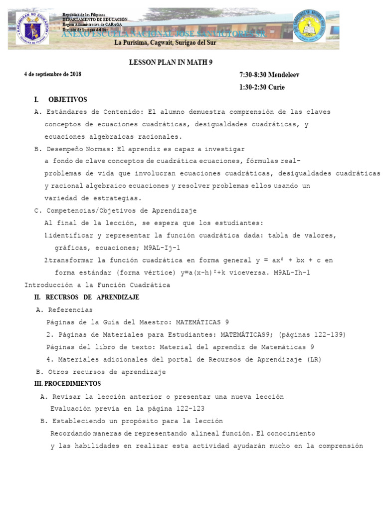 Plan de Lección: Funciones Cuadráticas en Matemáticas 9 | PDF ...