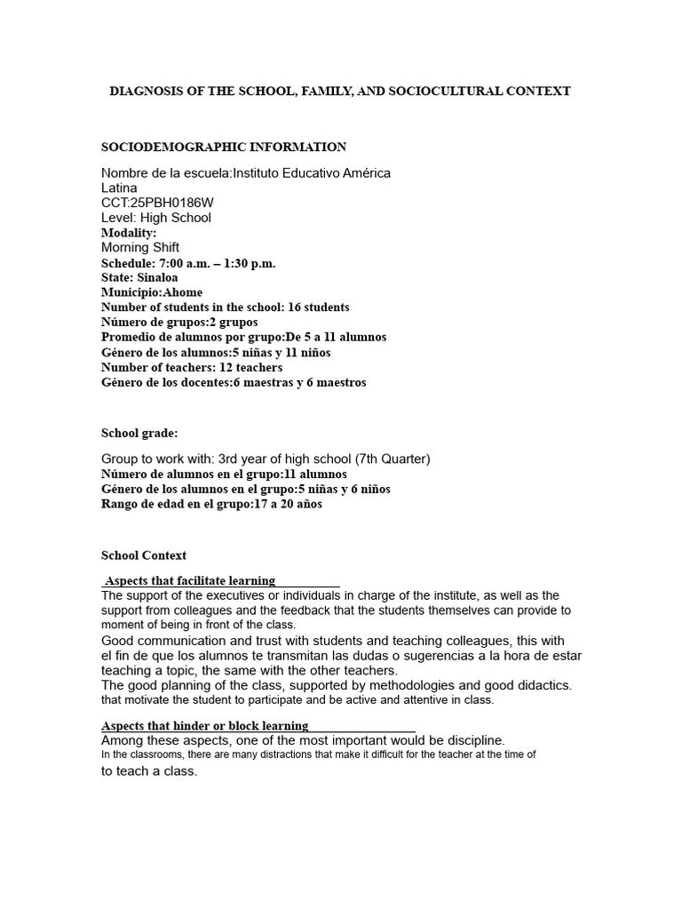 School and Family Context Diagnosis | PDF | Learning | Teachers