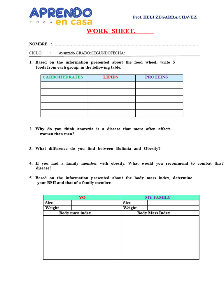 Nutrition and Health Worksheet | PDF