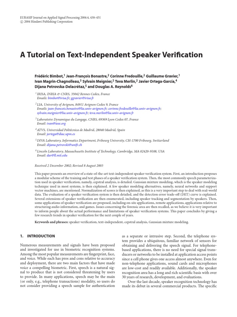 Tutorial Text Independent Speaker Verification Pdf Support Vector Machine Spectral Density