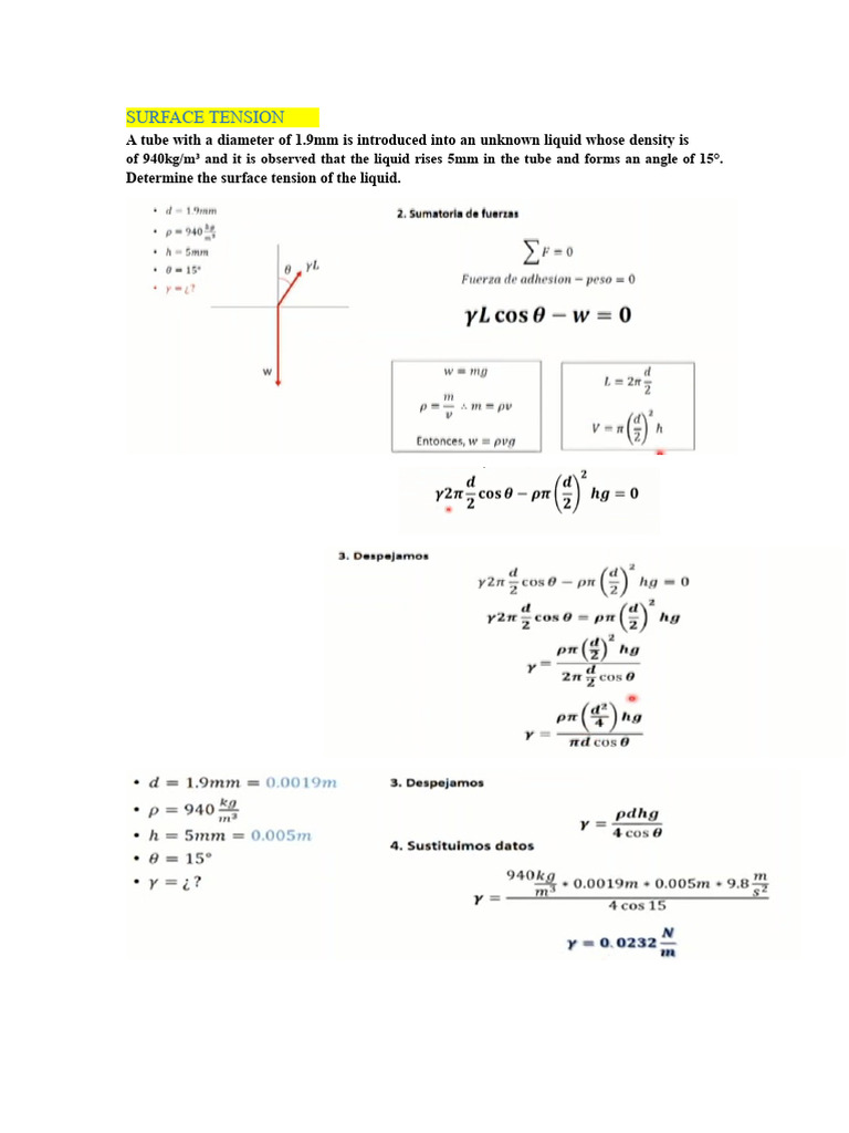 Class Exercises On Surface Tension and Capillarity | PDF