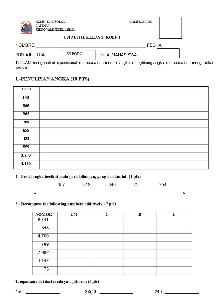 Uji Coba Kelas Tiga Nilai Mengurutkan Dan Membandingkan Angka | PDF