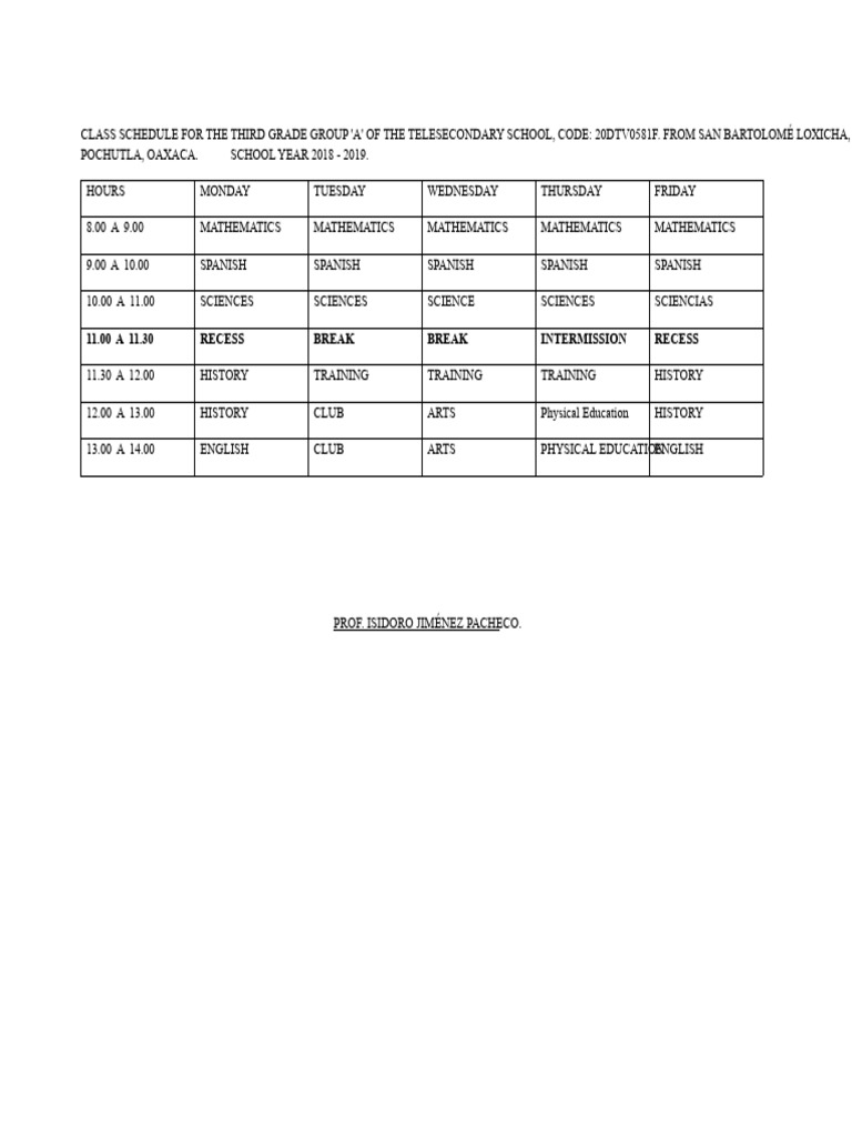 Class Schedule For Third Grade. | PDF