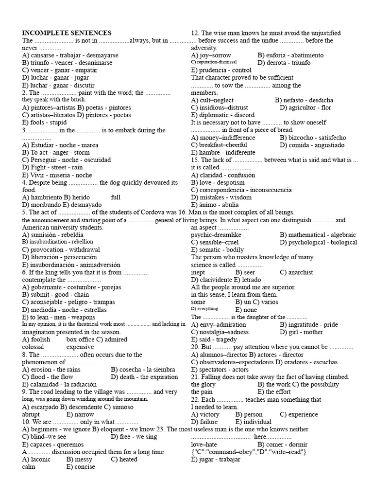Incomplete Sentences 10 | PDF