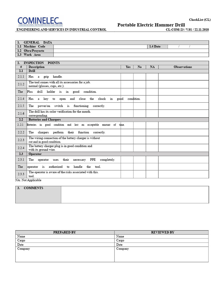 Portable Hammer Drill Checklist | PDF | Drill | Battery Charger