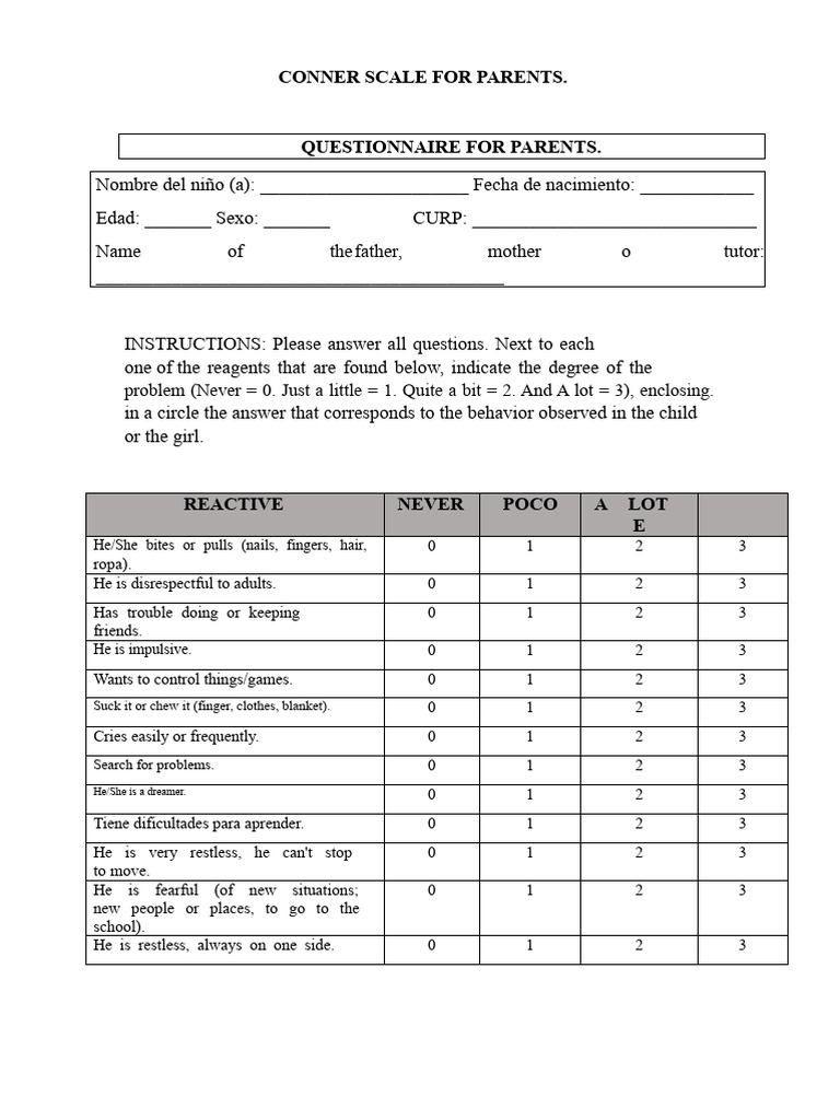 Conner's Scale For Parents | PDF | Behavioural Sciences | Psychological ...