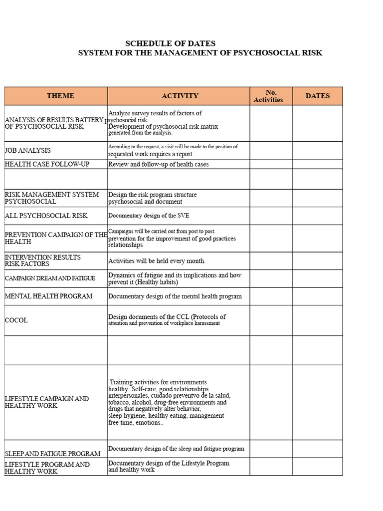 Schedule of Dates Work Plan 17012020 | PDF | Psychosocial | Mental Health