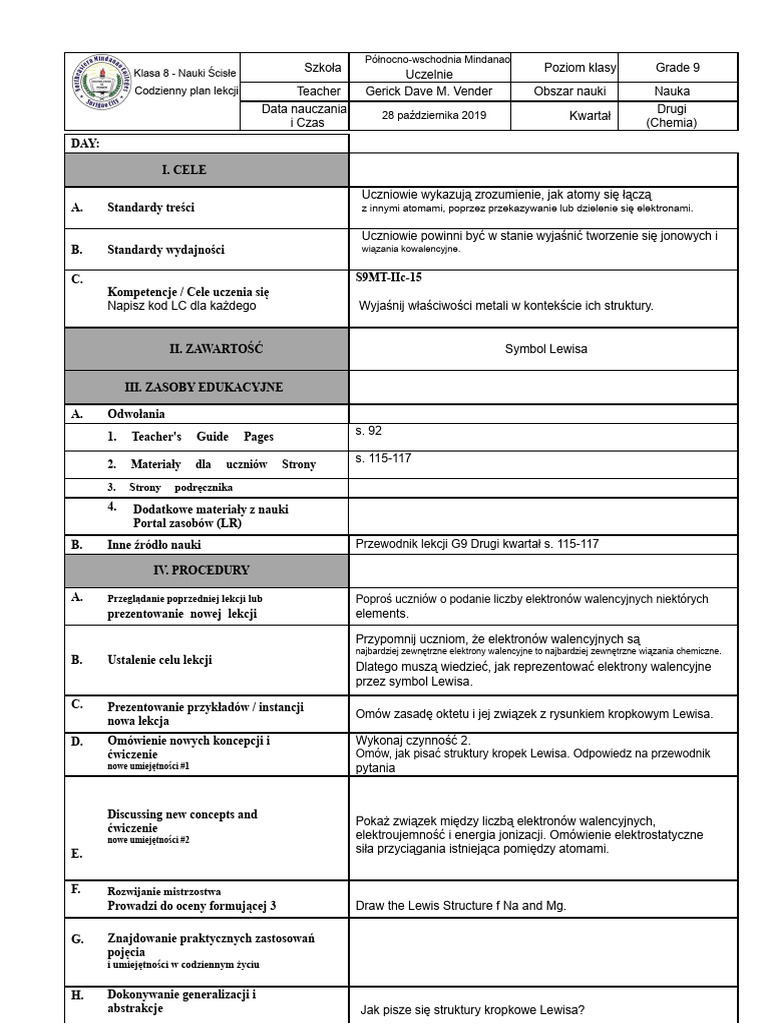 Plan Lekcji Chemii Dla Klasy 9 | PDF