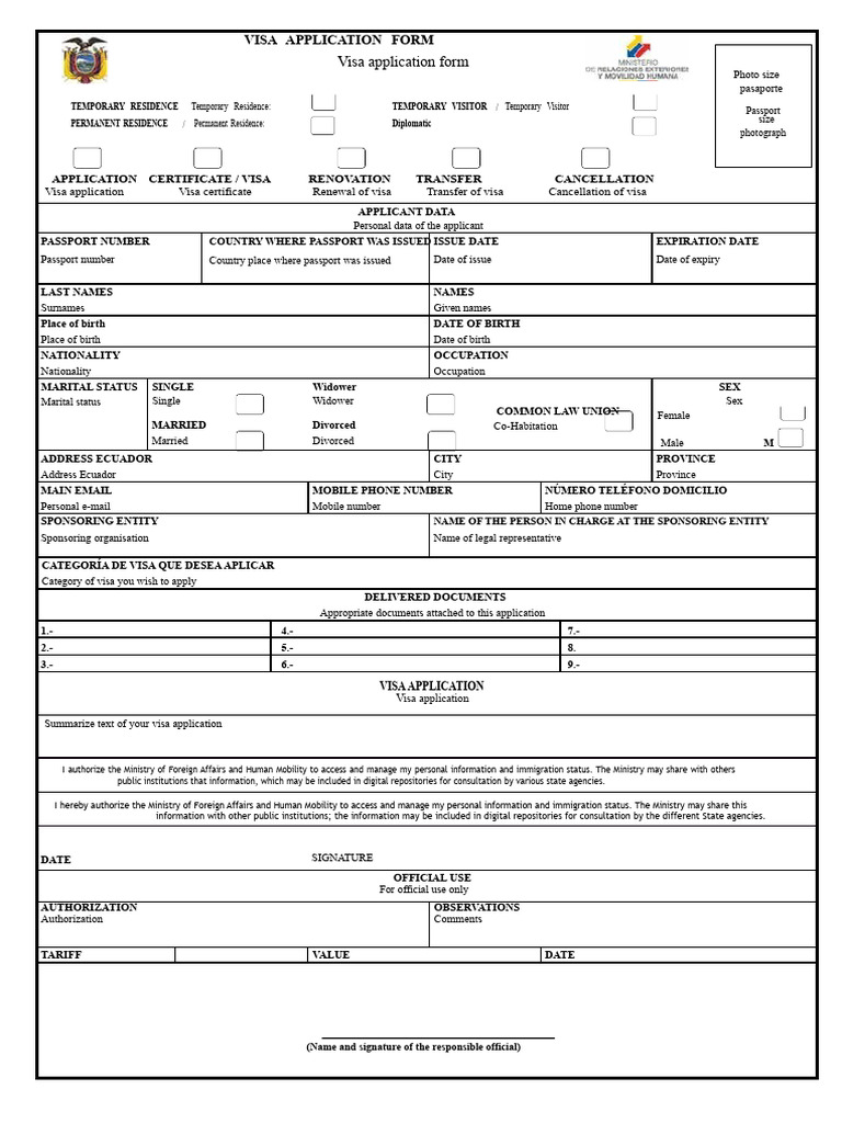 Visa Form Ecuador | PDF | Travel Visa | Passport