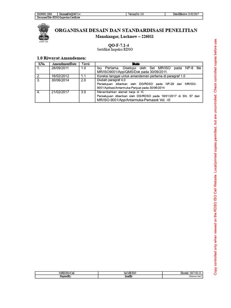 Sertifikat Inspeksi RDSO QO F 7.1 4 Ver 3.0 | PDF
