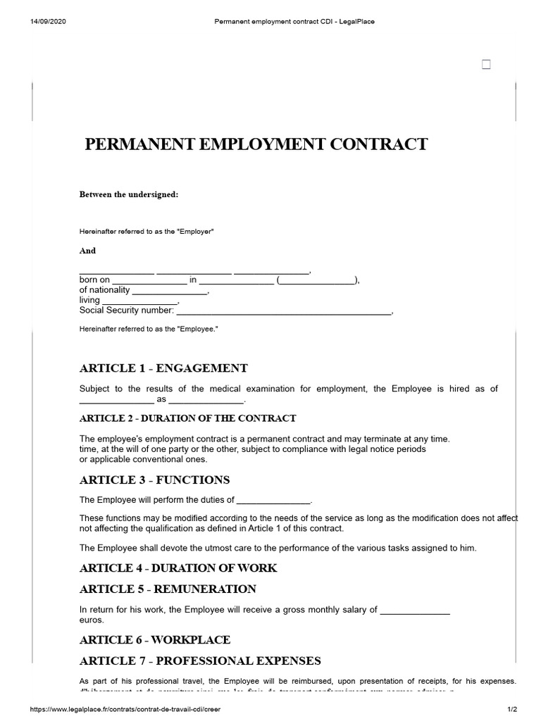Permanent Employment Contract Template | PDF | Employment | Business