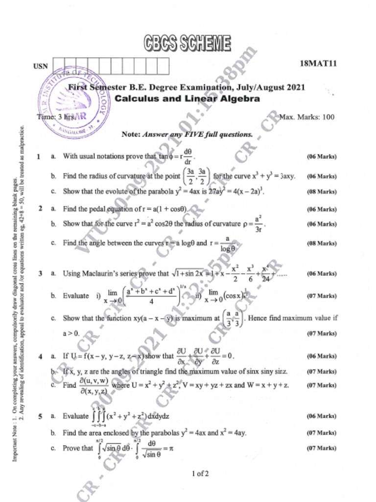 VTU Question Paper of 18MAT11 Calculus and Linear Algebra Aug-2021 | PDF
