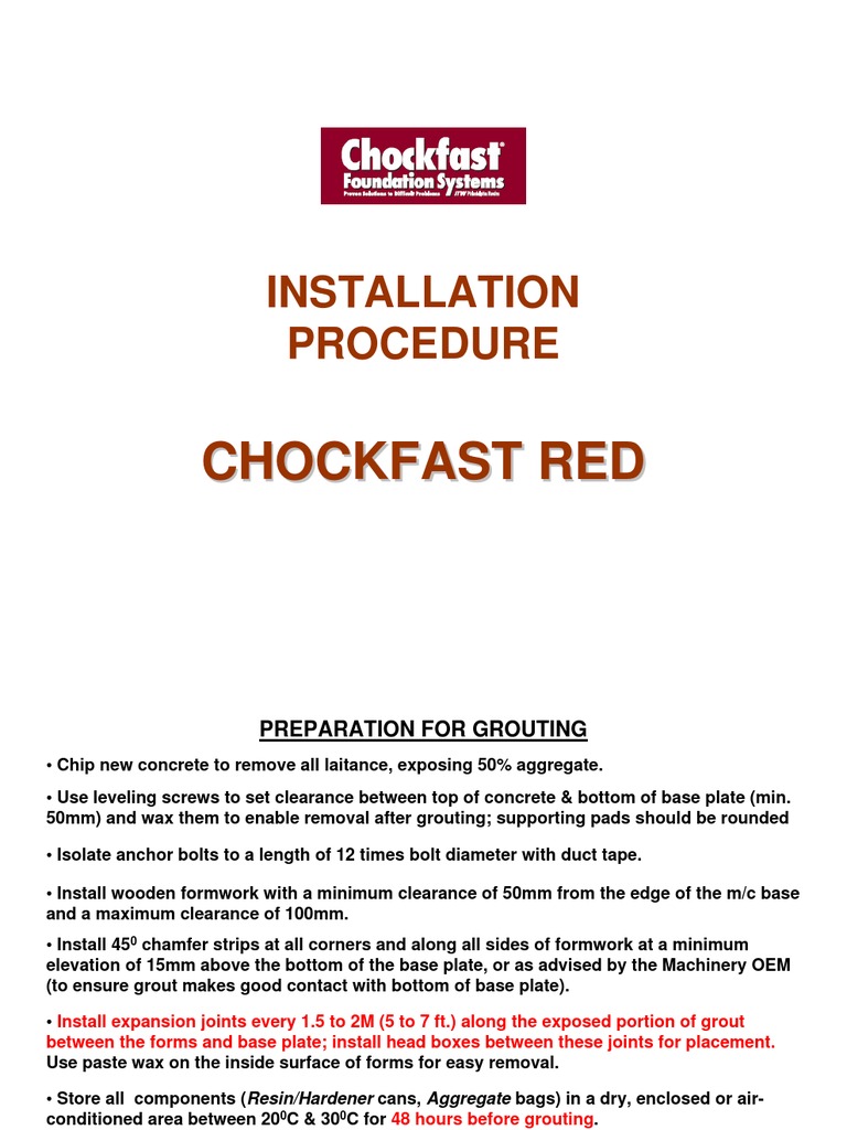 Chockfast Red Epoxy Grout Installation Guide | PDF | Epoxy | Concrete