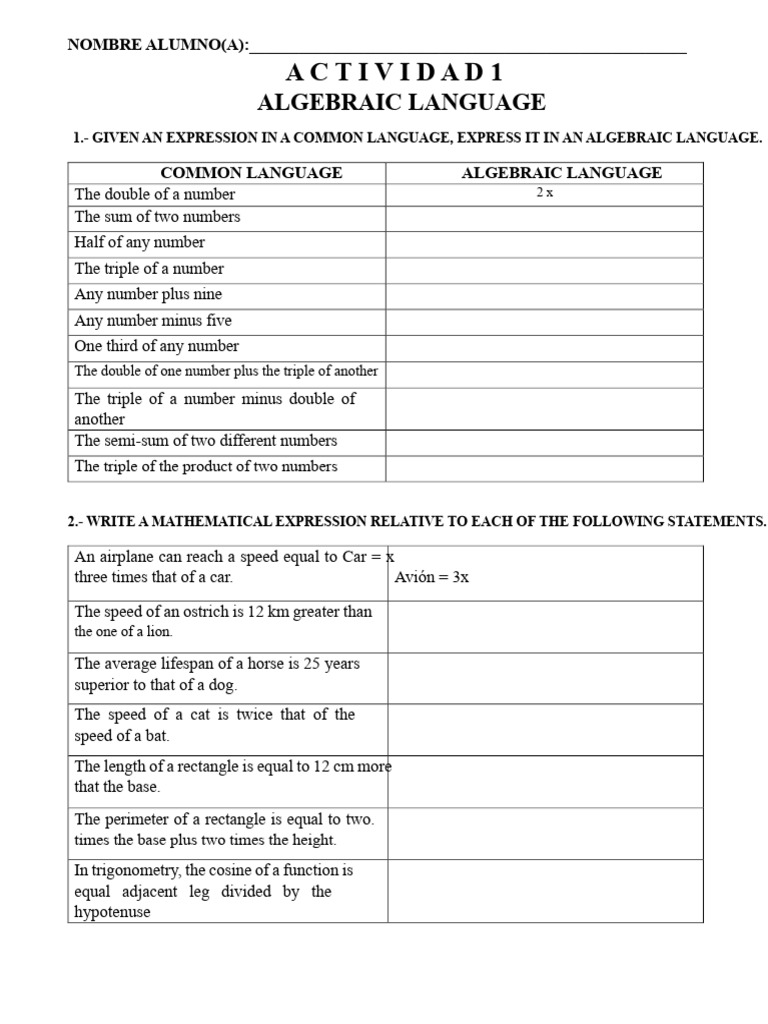 Activities Unit 1 Algebra | PDF | Subtraction | Division (Mathematics)