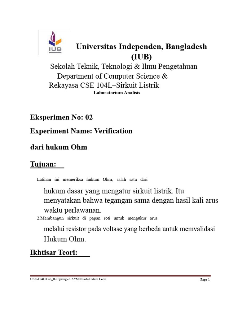 H CSE 104L_Exp2_Hukum Ohm_2 | PDF