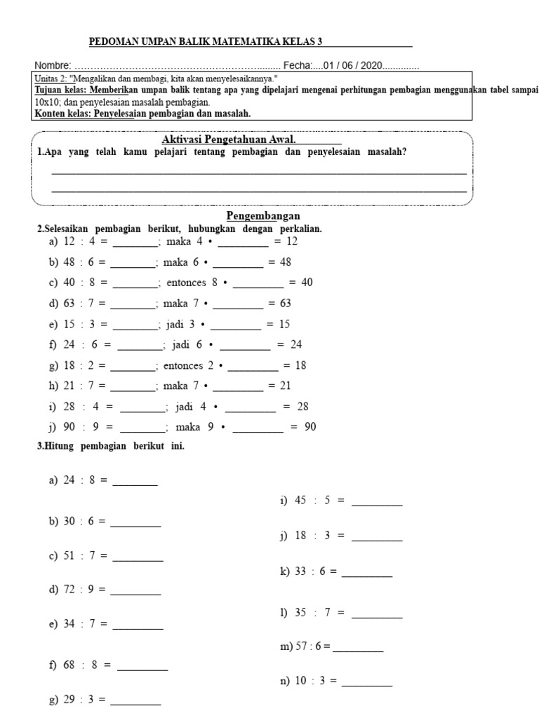 MAT (kelas 3 dasar) Panduan umpan balik pembagian ok | PDF