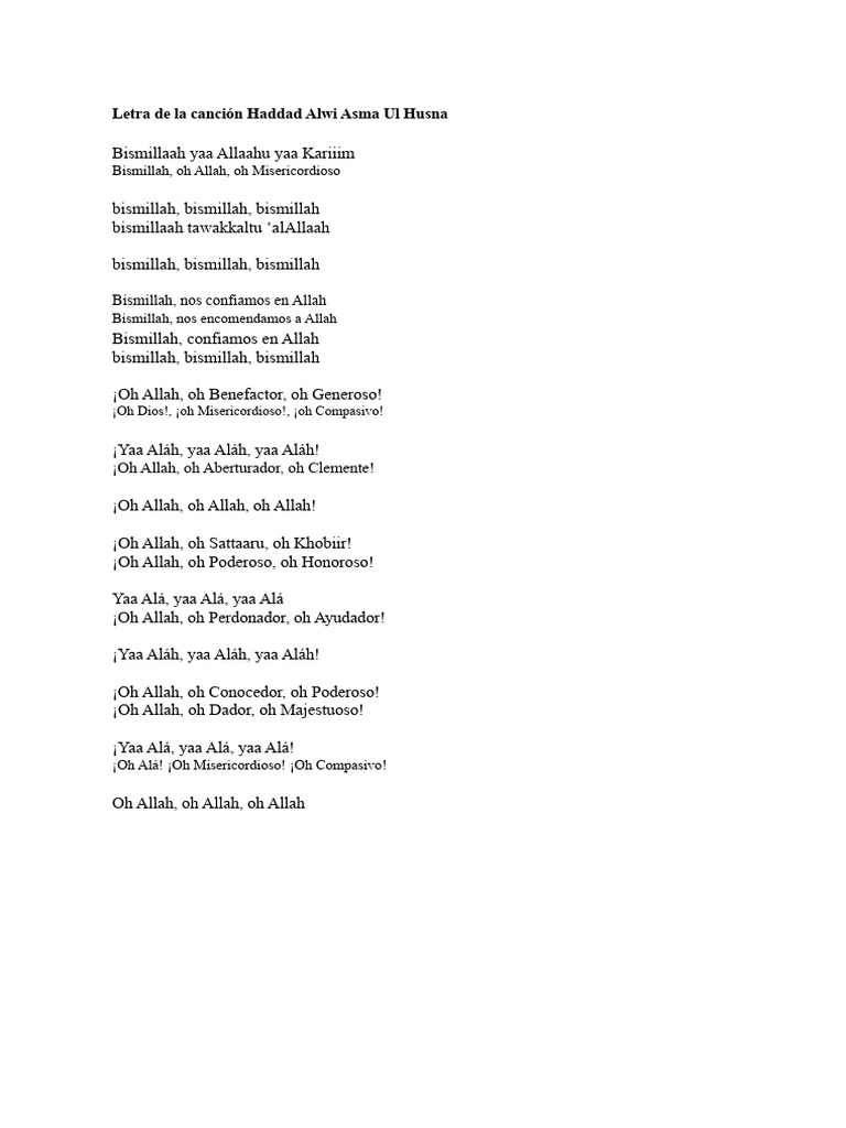 Lirik de La Canción Haddad Alwi Asma Ul Husna PDF | PDF