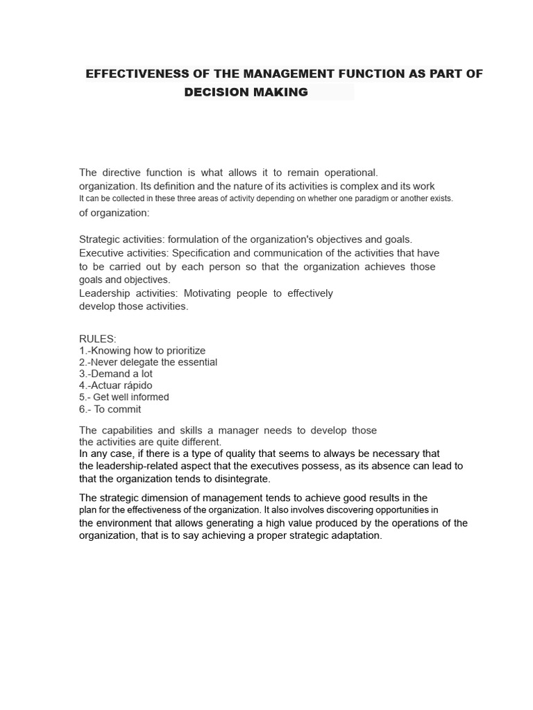 Effectiveness of The Directing Function As Part of Decision Making. Ihf ...