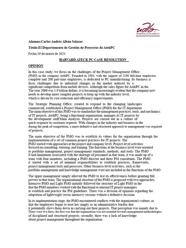 Resolution of The Harvard Ateck PC Case | PDF | Project Management ...