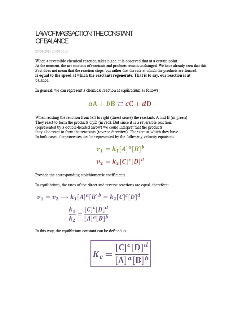 Law of Mass Action and Equilibrium Constant | PDF | Chemical ...